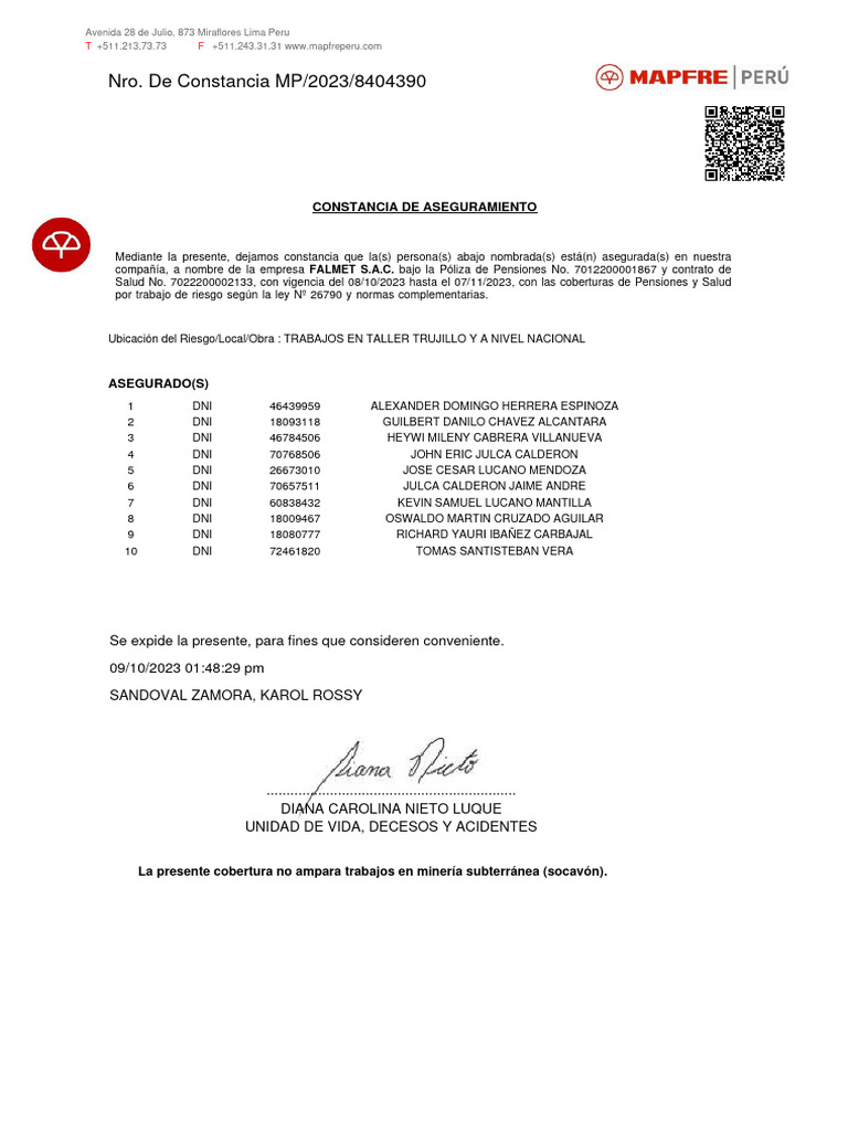 Constancia MP20238404390 | PDF | Póliza de seguros | Derecho empresarial