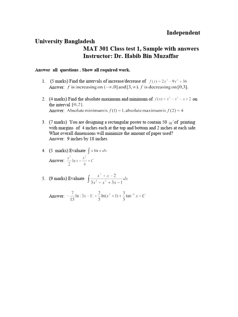 MAT 301 Class Test 1 Sample | PDF