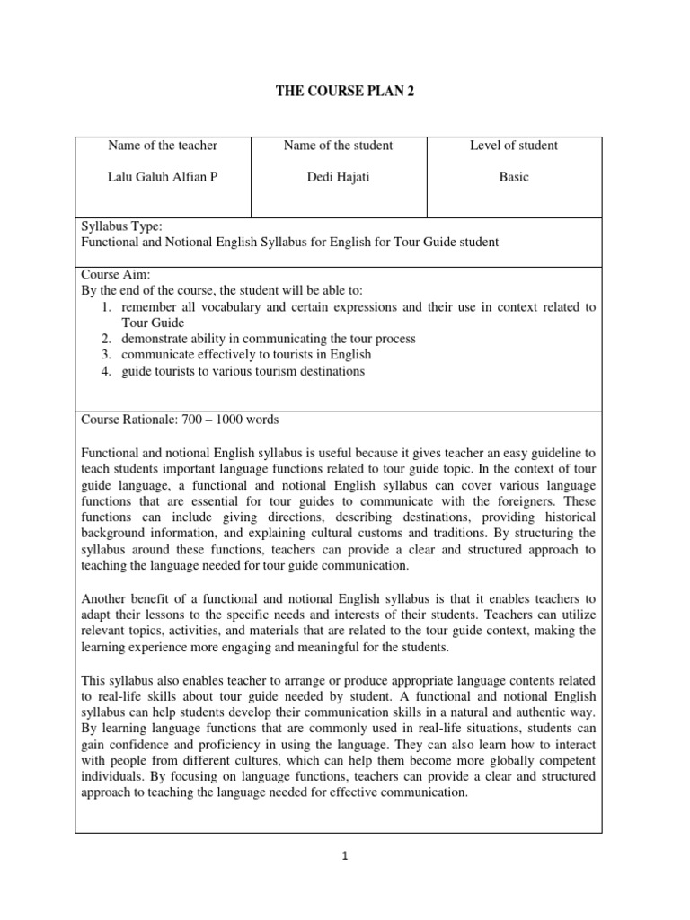 English For Tour Guide The Course Plan 2 | PDF | Teachers | Information