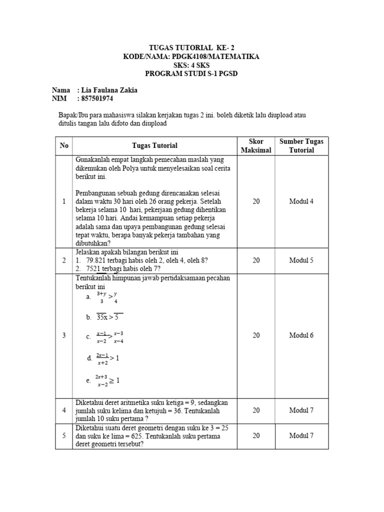 Tt2 Matematika Lia Faulana | PDF