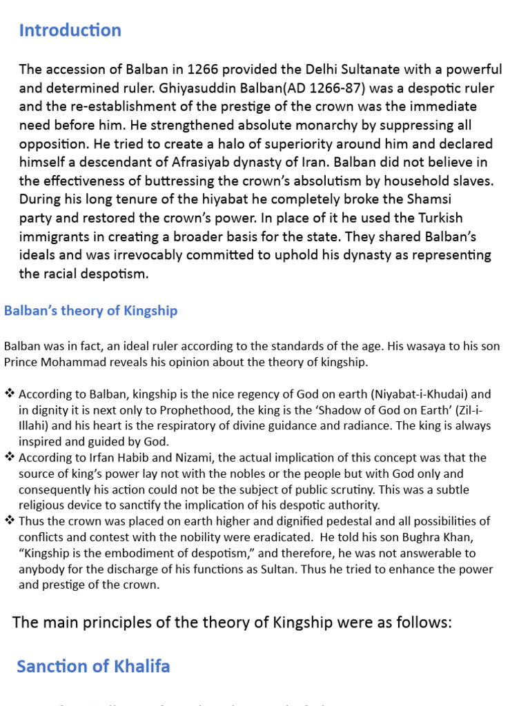 Balban's Theory of Kingship | PDF | Monarchy | Nobility