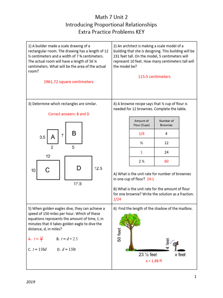 Math 7 Unit 2 Introducing Proportional Relationships Extra Practice ...