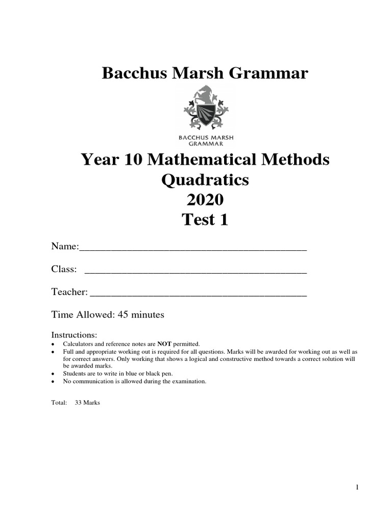 Year 10 Quadratics Test 2020 | PDF | Quadratic Equation | Applied ...