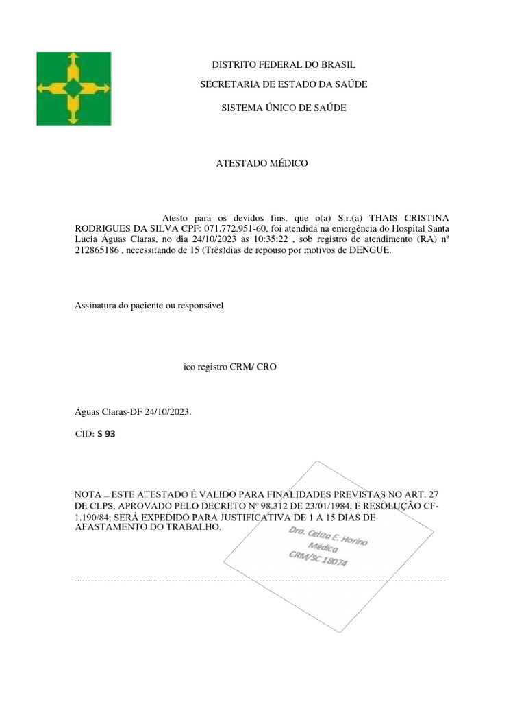 Atestado Médico de Repouso por Dengue | PDF
