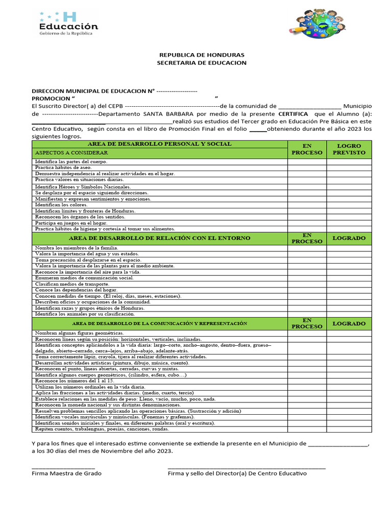Reporte Tercer Grado Prebasica | PDF | Honduras