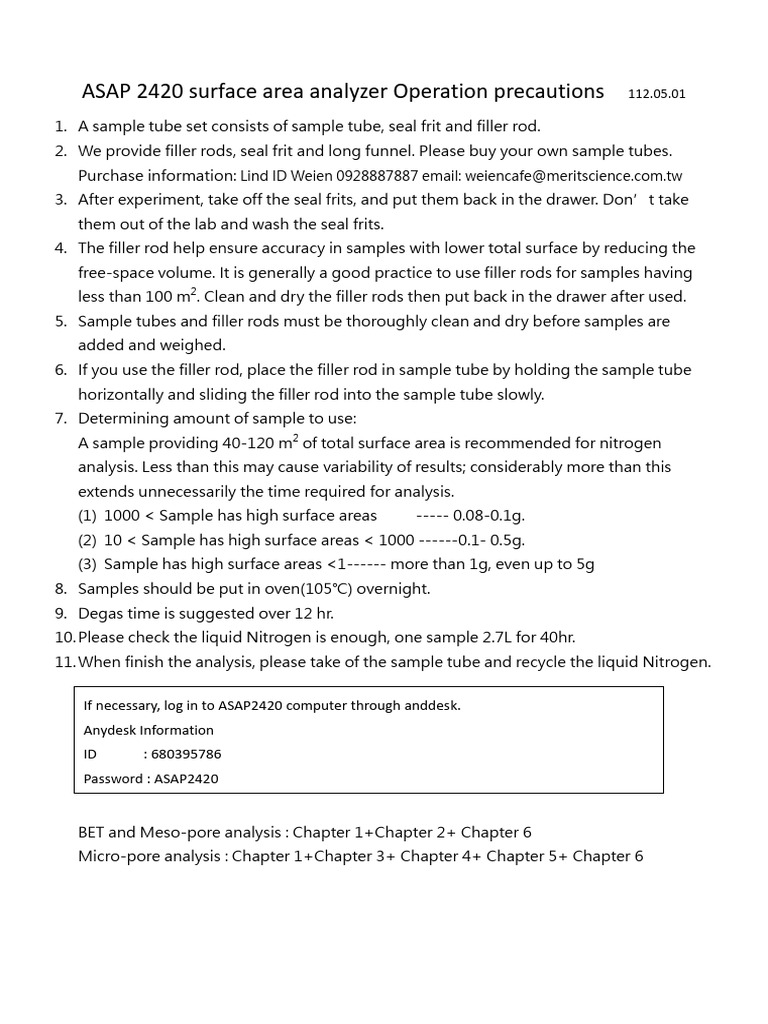ASAP 2420 Surface Area Analyzer Operation Precautions | PDF | Materials ...
