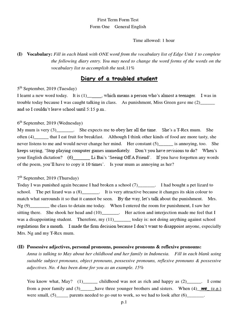 S1-English-First Test Wih Ans 2020 | PDF | Pronoun | Part Of Speech