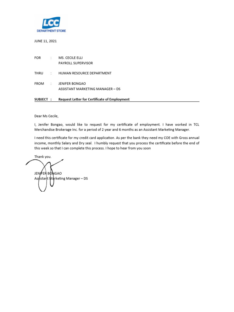 REQUEST LETTER - COE | PDF REQUEST LETTER - COE | PDF