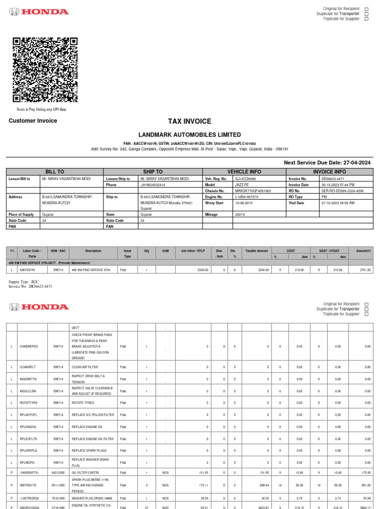 Honda Car Invoice Pemplate | PDF | Invoice | Vehicle Technology