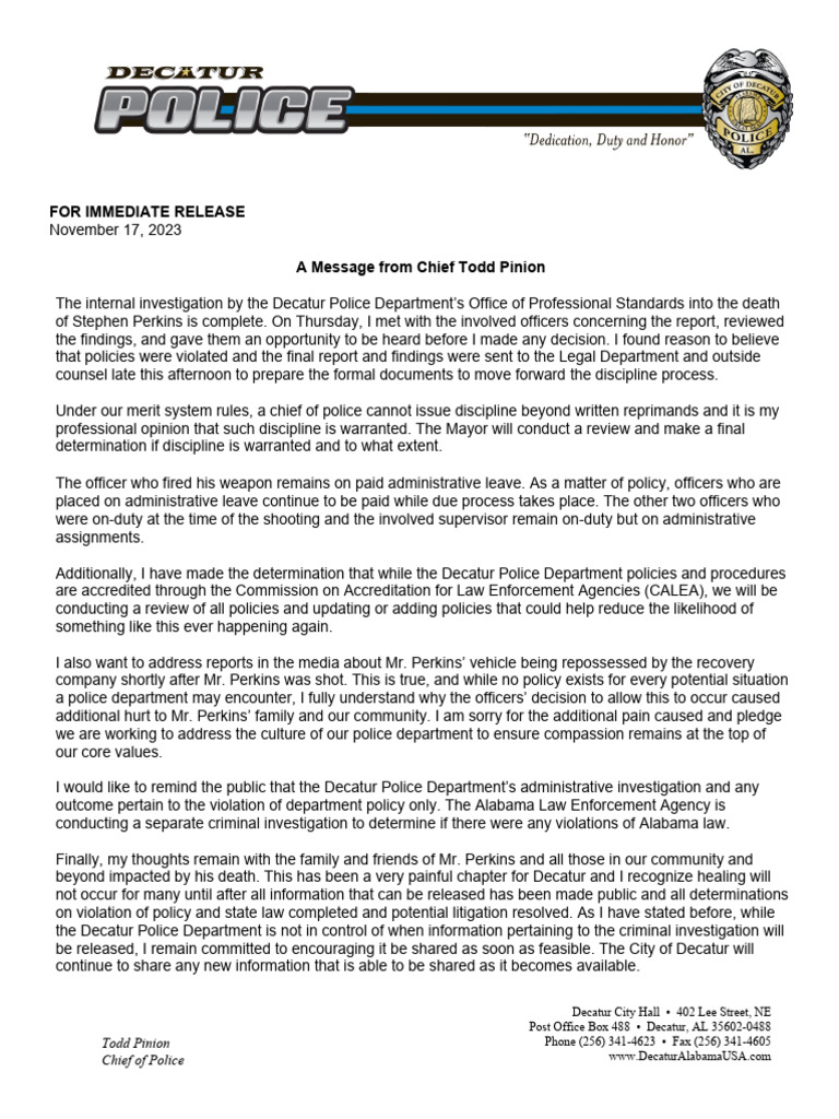 Decatur Police Department - Message From Chief Todd Pinion | PDF ...