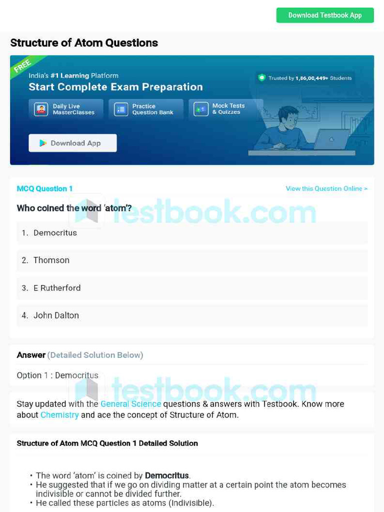 MCQ On Structure of Atom | PDF