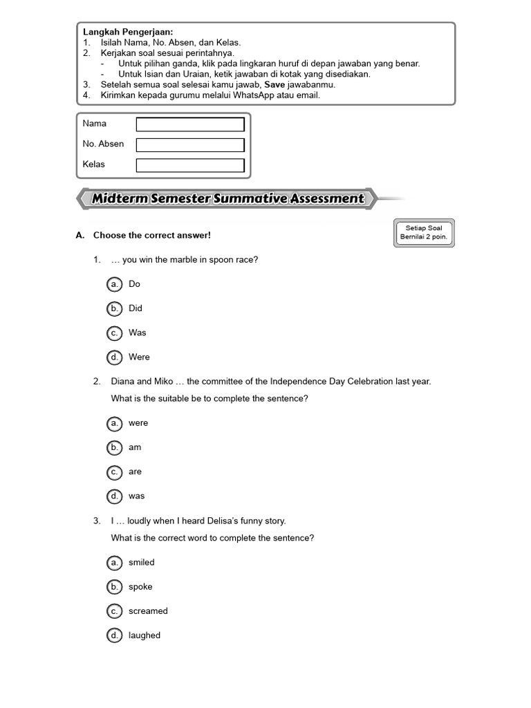 SMP Bahasa Inggris 8 Midterm Semester Summative Assessment Versi Baru | PDF