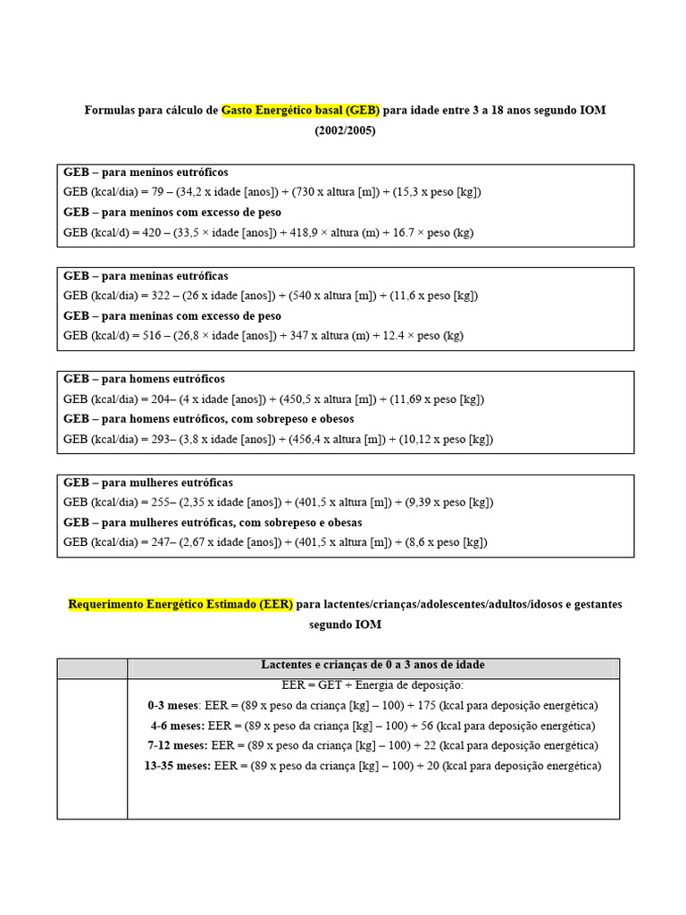 Fórmulas de Cálculo de TMB e VET - CLÍNICA | PDF | Sistema de saúde | Especialidades médicas