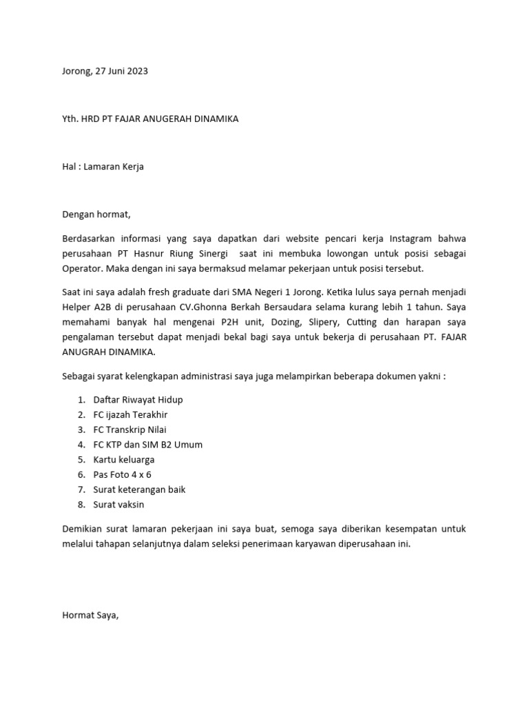 Lamaran Kerja Posisi Operator PT Fajar | PDF