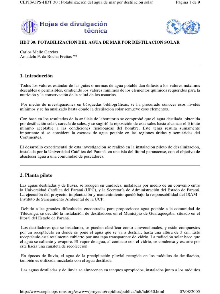 Potabilización Del Agua de Mar Por Destilación Solar | PDF | Agua ...