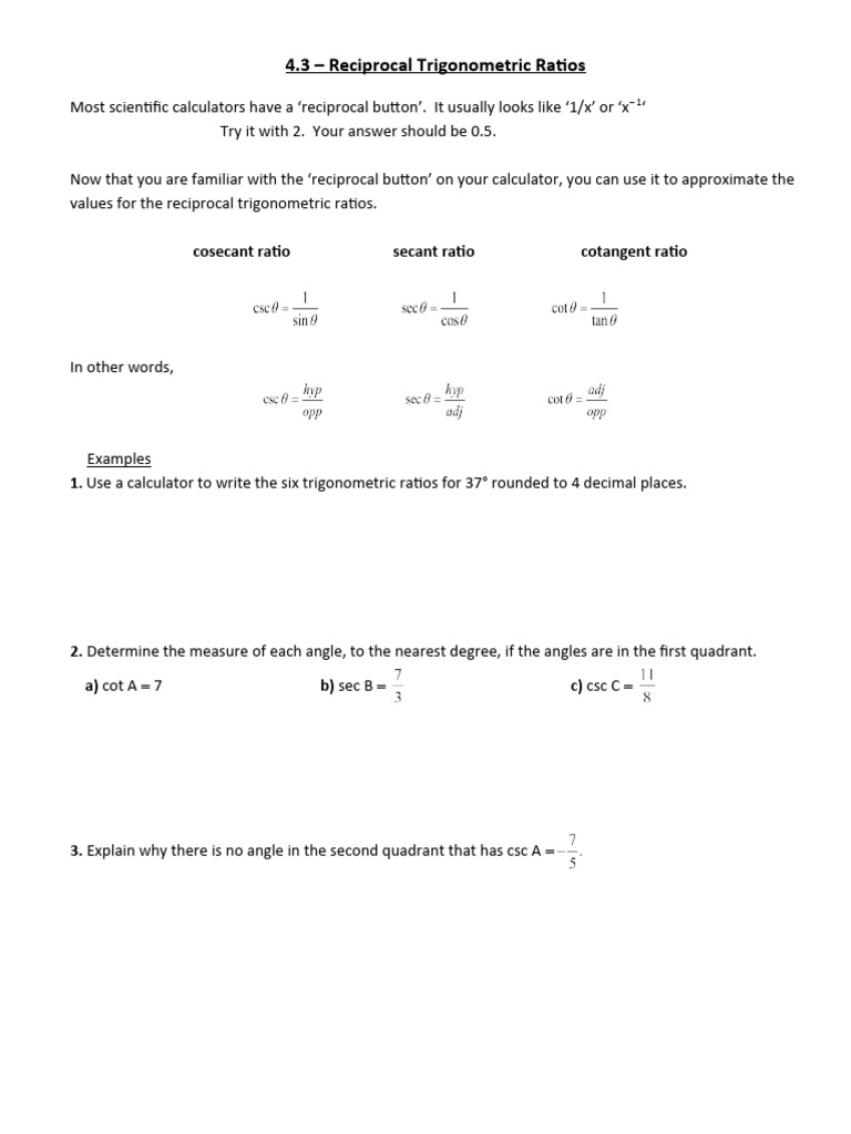 Reciprocal Trigonometric Ratios Explained | PDF | Science & Mathematics ...
