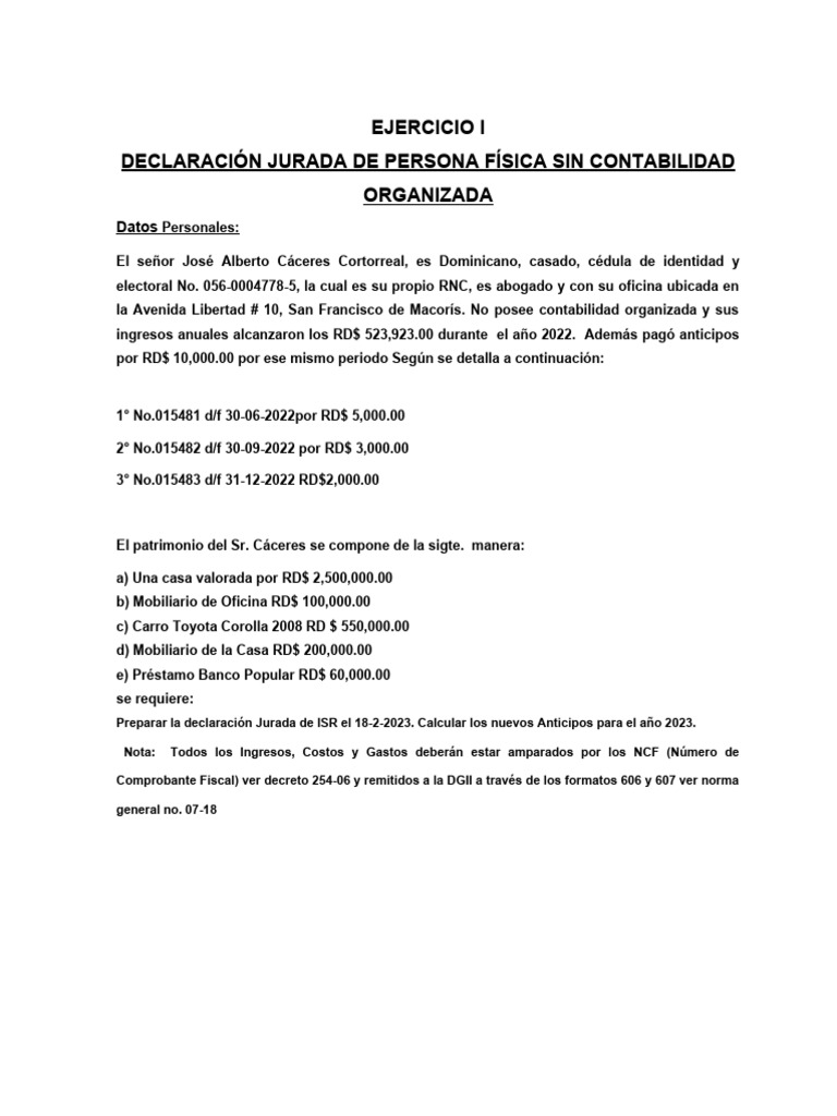 Planteamiento de Los Ejercicios Declaracion Jurada Impuesto Sobre La Renta | PDF | Impuesto ...