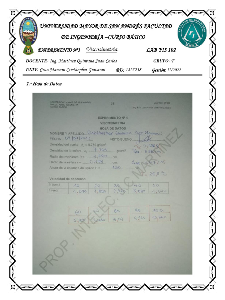 Informe 3 de Lab Fis 102-Viscosimetria | PDF | Ingeniería mecánica | Física