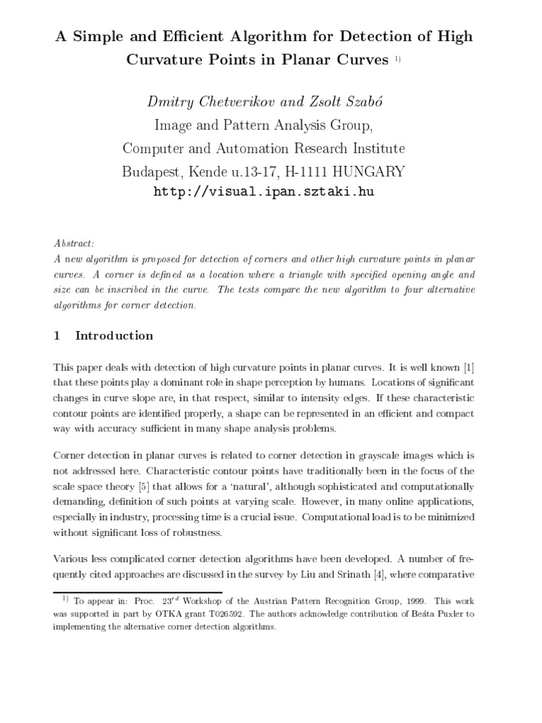 A Simple And Efficient Algorithm For Detection Of High Curvature Points In Planar Curves Pdf
