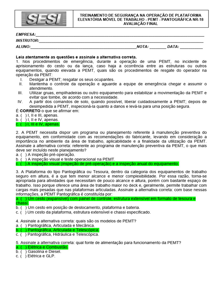 Gabarito NR 18 - Avaliação - PEMT - PANTOGRÁFICA | PDF | Motores
