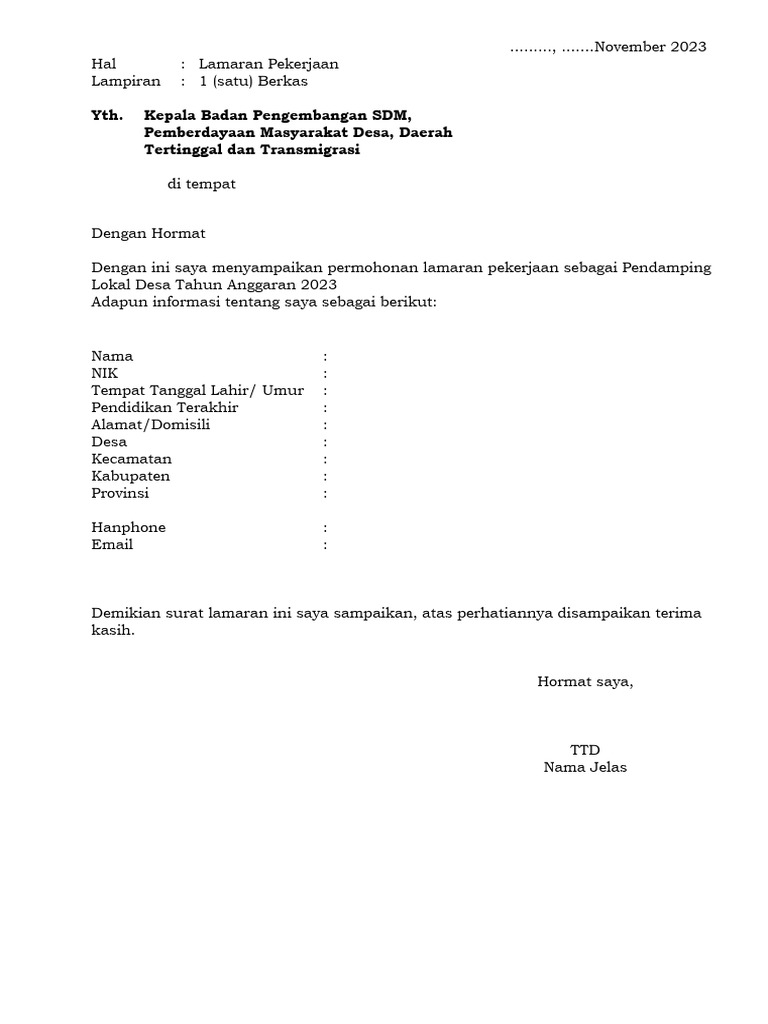 Contoh Surat Pendamping Lokal Desa PLD Tahun Anggaran 2023 | PDF
