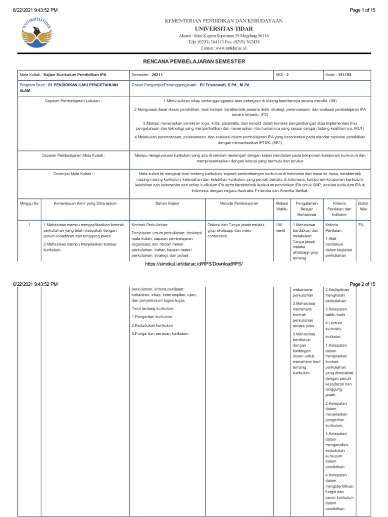 RPS Kajian Kurikulum Pendidikan IPA 2021-2022 | PDF