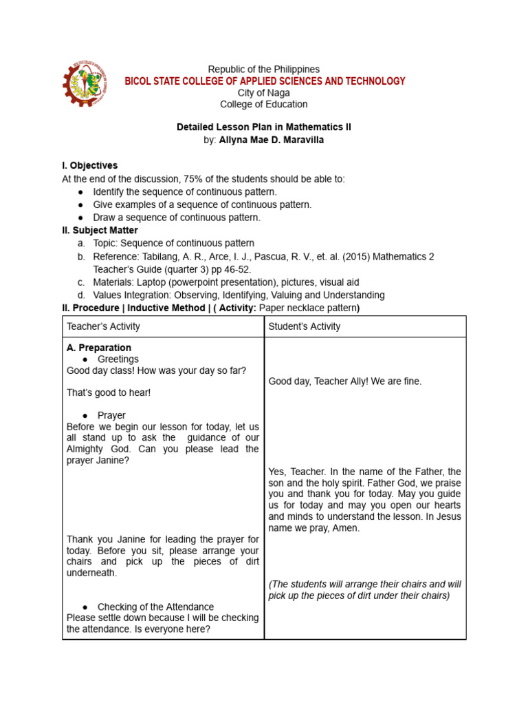 MATH - Detailed Lesson Plan (REVISED) | PDF | Pattern | Prayer