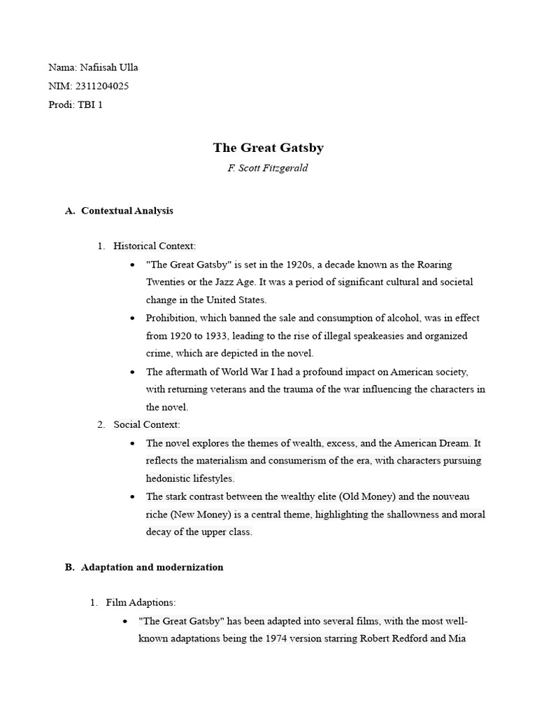 Analyze The Great Gatsby Novel by F. Scott | PDF | The Great Gatsby | F ...