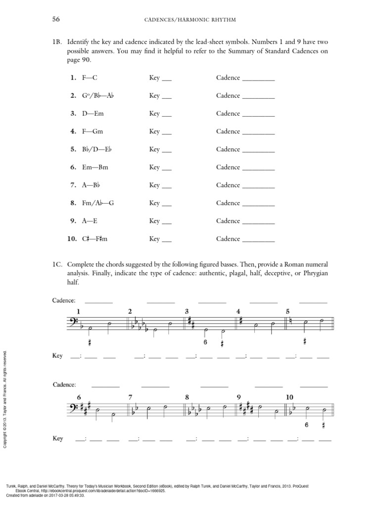 Cadence Worksheets - Turek | PDF | Elements Of Music | Music Theory