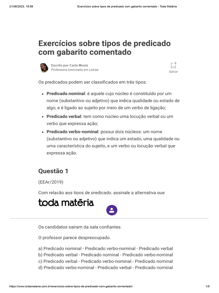 Exercícios Sobre Tipos de Predicado Com Gabarito Comentado - Toda Matéria | PDF | Predicado ...
