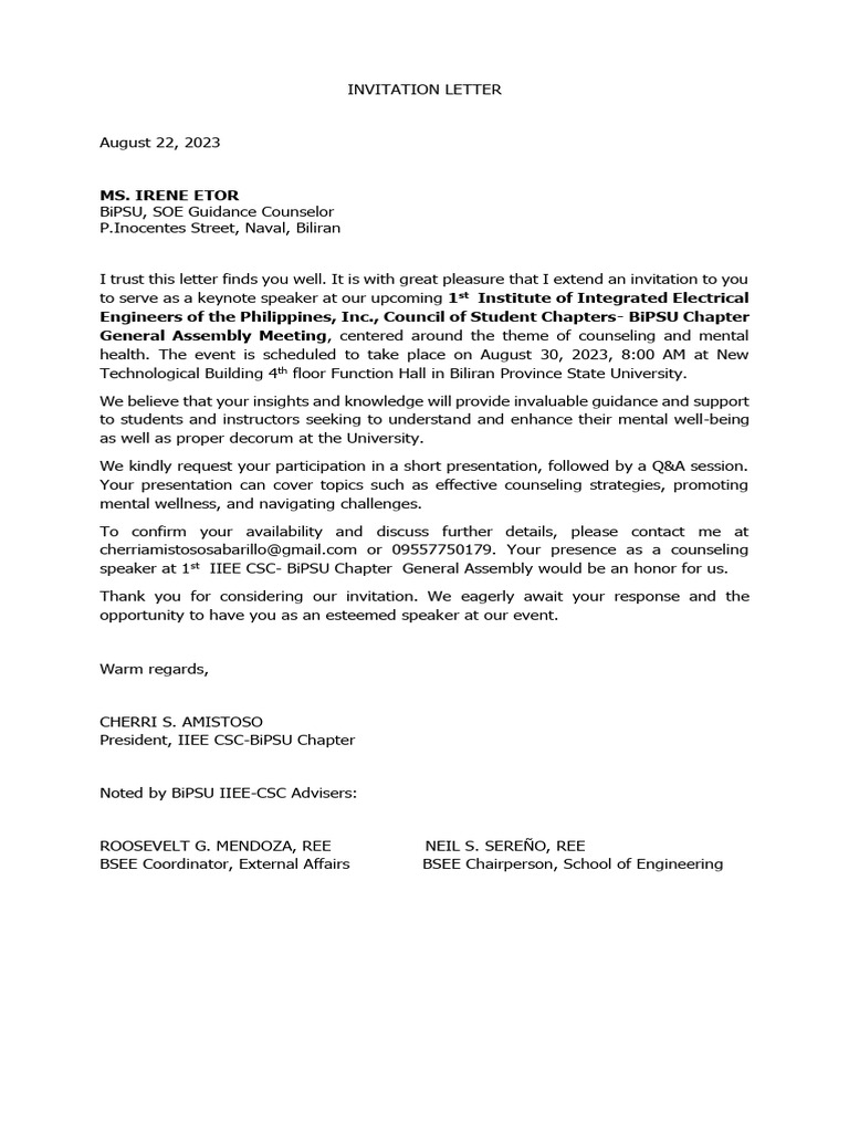 Invitation Letter - Counseling Speaker | PDF