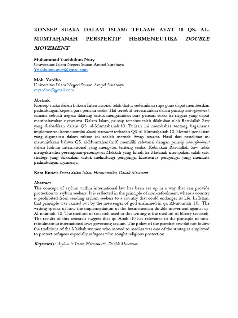 Konsep Suaka Dalam Islam Telaah QS Al Mumtahanah 10 Perspektif Hermeneutika Double Movement | PDF