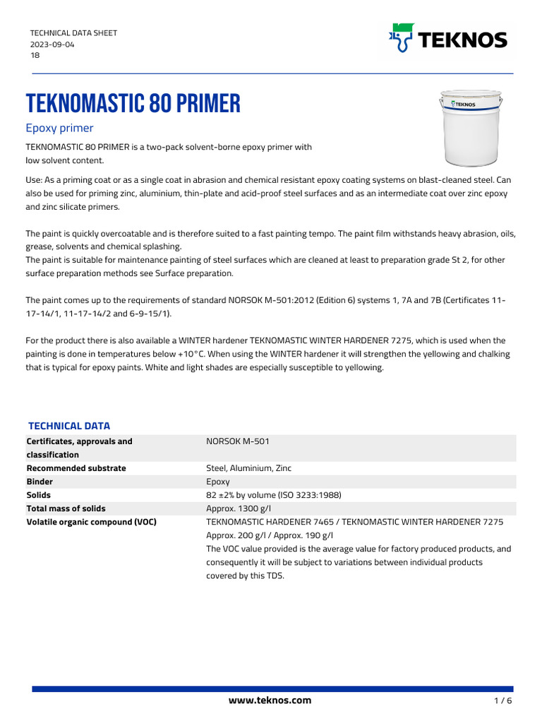 Teknomastic 80 Primer 8803-00 Tds en | PDF | Paint | Epoxy