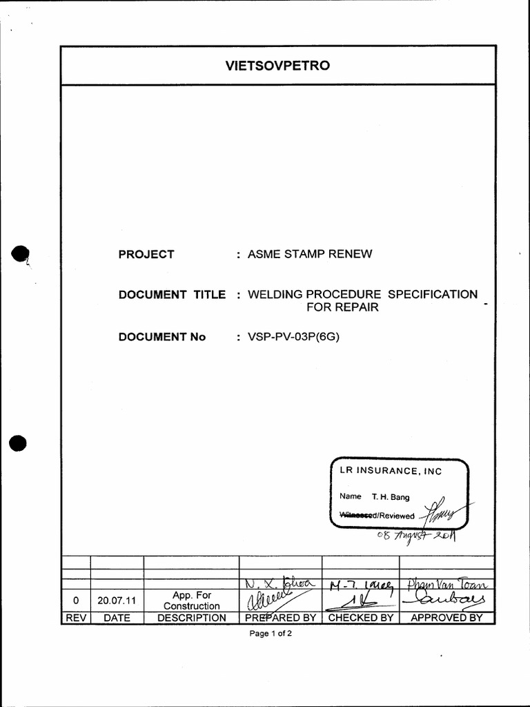 VSP-PV-03P (6G) Welding Procedure Specification For Repair | PDF
