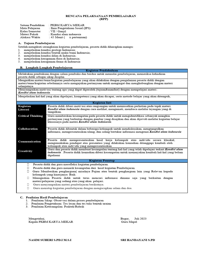 RPP IPS Kelas VII: Kondisi Alam Indonesia | PDF