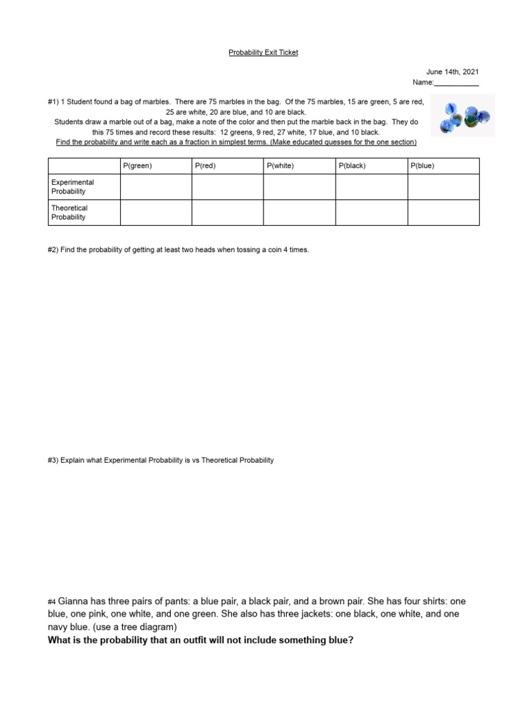 Probability Exit Ticket - Grade 8-2 | PDF