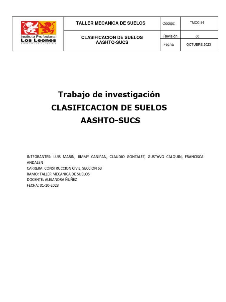 Informe de Mecanica de Suelos Sistema Aashto y Sucs | PDF | Mecánica de suelos | Ciencia del suelo