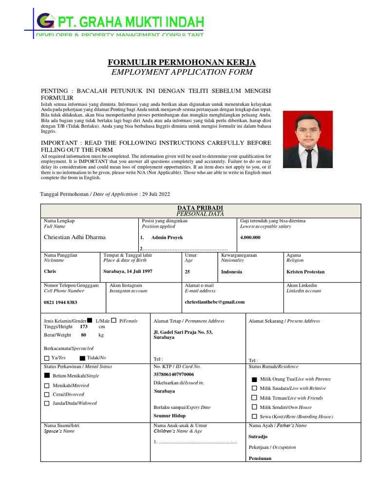 Form Biodata - Chriestian Adhi Dharma - Admin Proyek | PDF