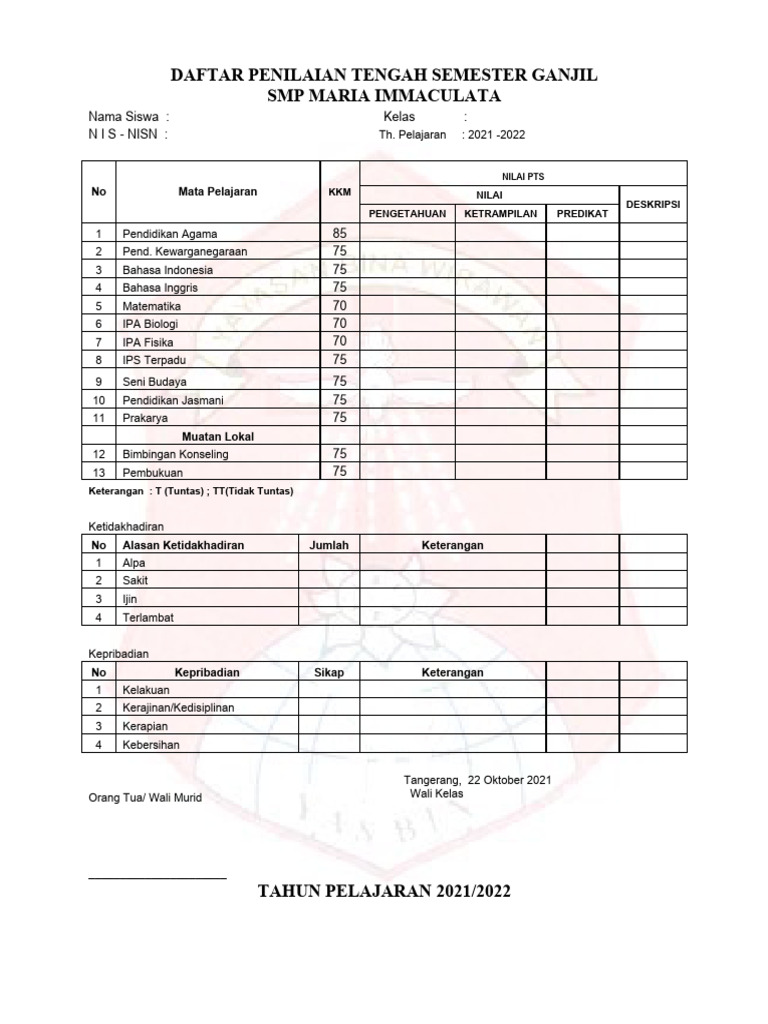 Format Rapor PTS GANJIL 2021 - 2022 | PDF