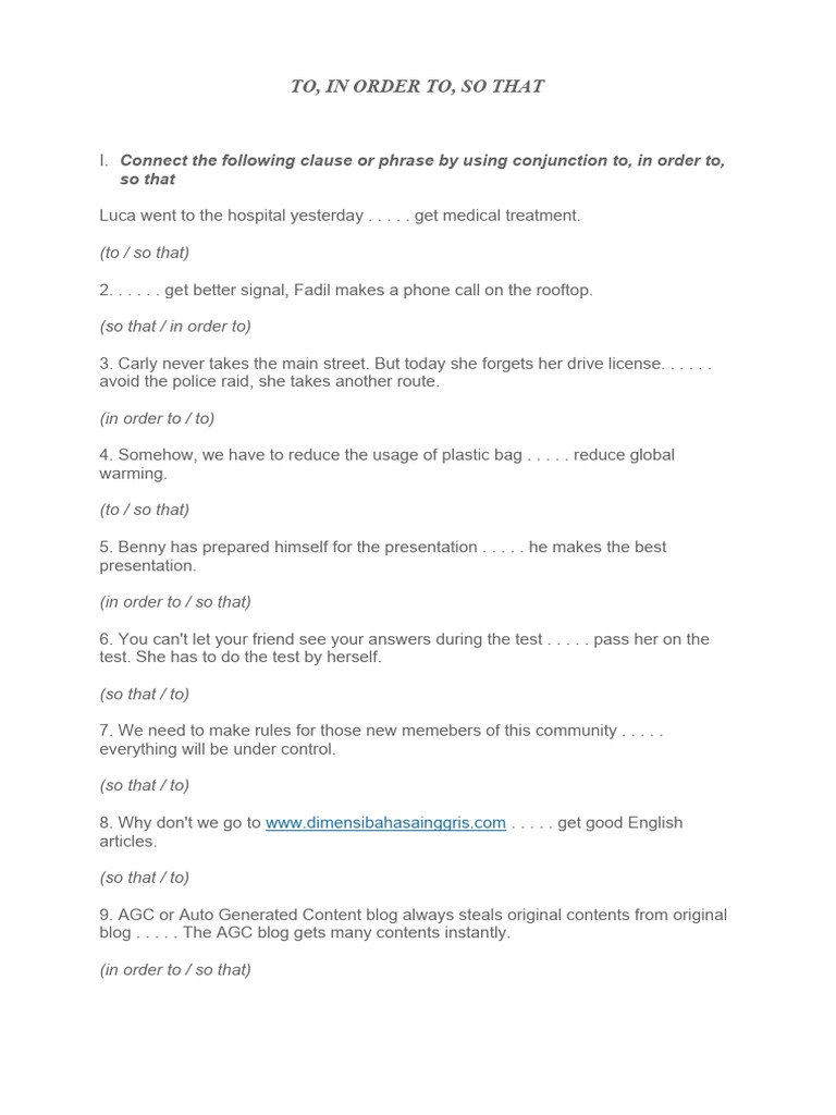 Using "To," "In Order To," and "So That" in Sentences | PDF