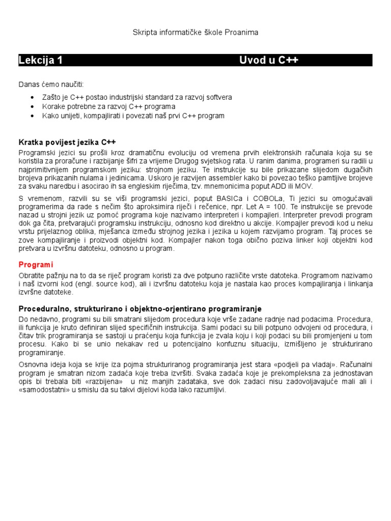Lekcija 1 Uvod U C | PDF