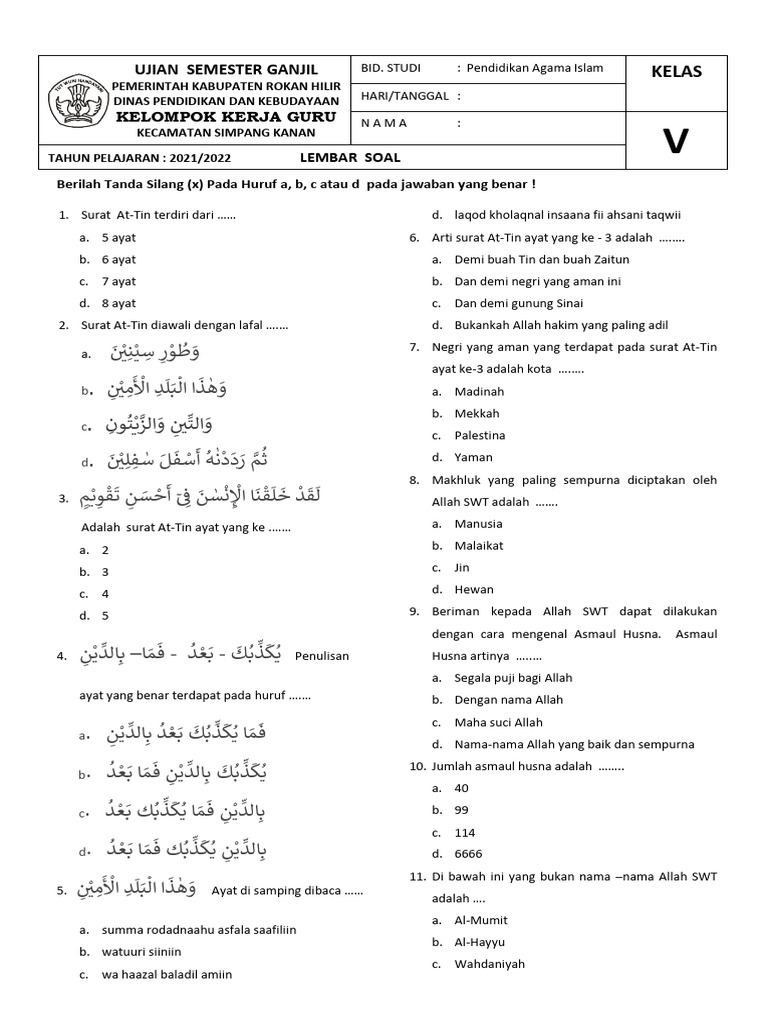 Soal KKG Pai Kelas 5 | PDF