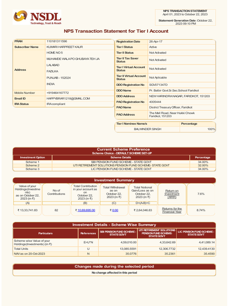 NPS Transaction Statement For Tier I Account: Current Scheme Preference ...