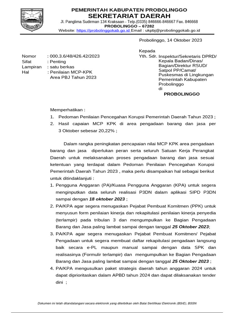 Penilaian MCP-KPK Area PJBU Tahun 2023 | PDF