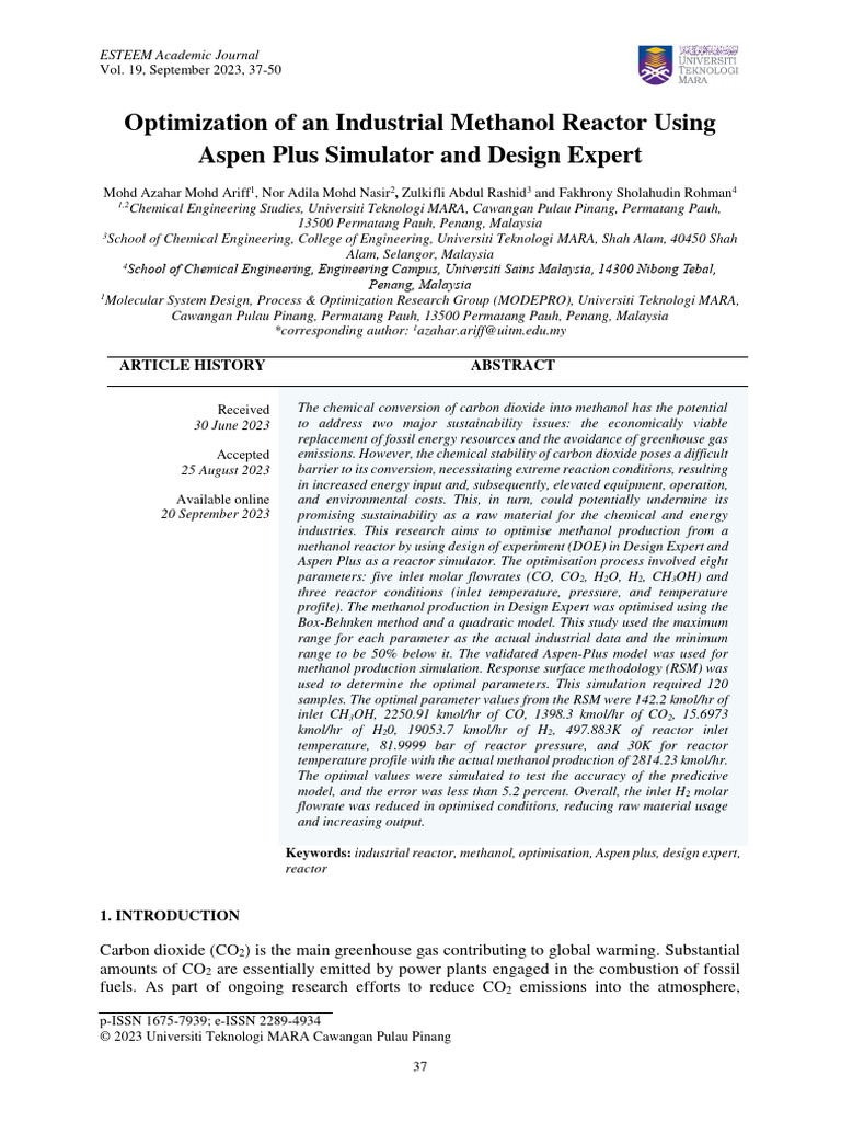 Optimization Of An Industrial Methanol Reactor Using Pdf