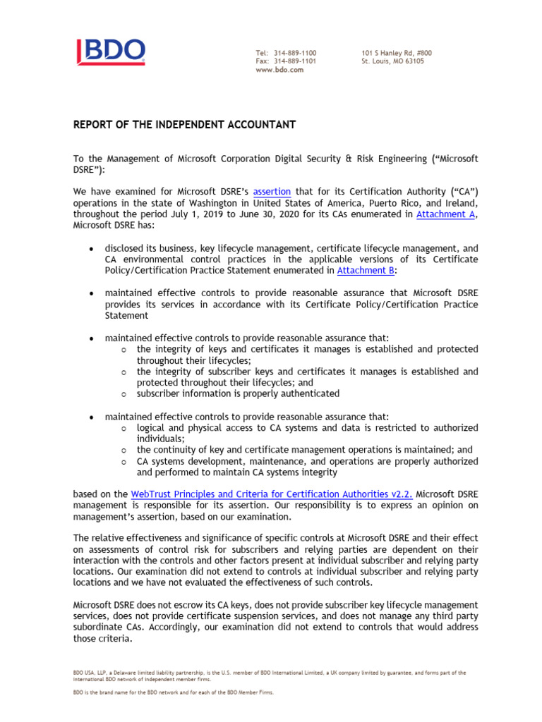 Microsoft DSRE WTCA Indp Acct Report and MGMT Assertion Aug 2020 ...