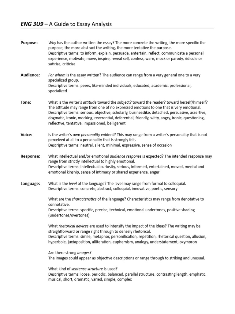 Essay Analysis Guide for ENG 3U9 | PDF