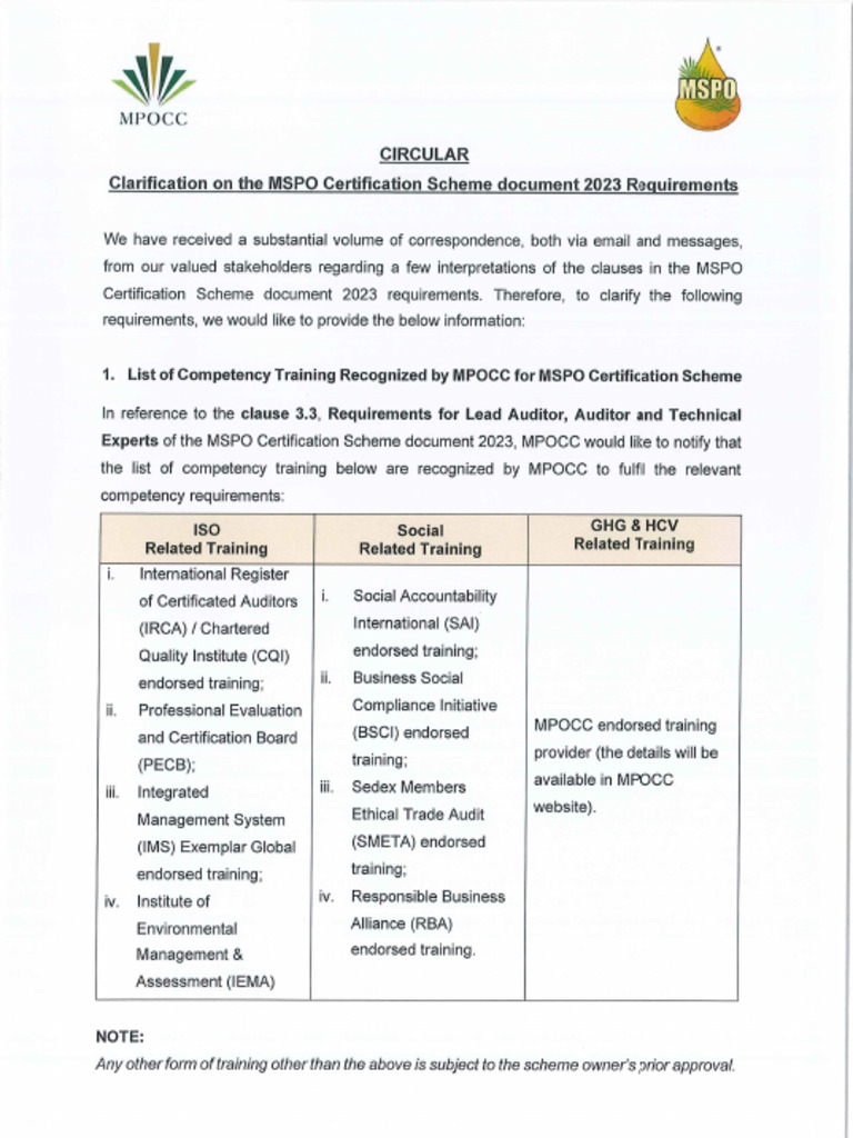 CSU (MPOCC) - Circular Clarification On The MSPO Certification Scheme Document 2023 Requirements ...