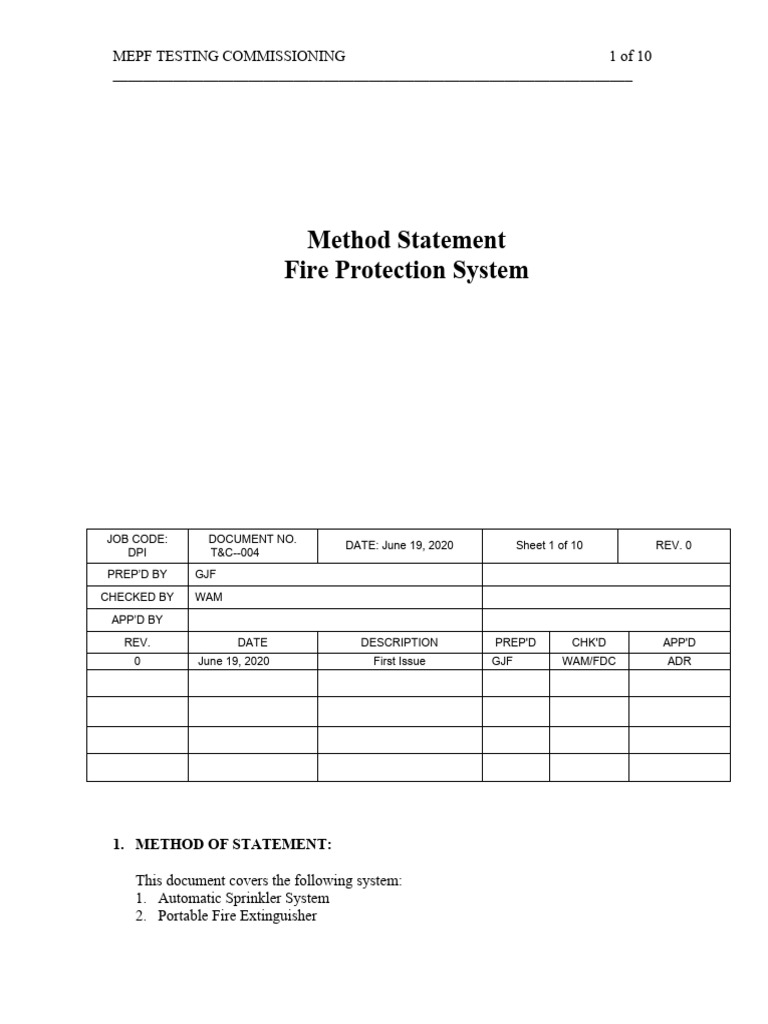 Method Statement T&C FIRE PROTECTION SYSTEM | PDF | Pump | Fire ...