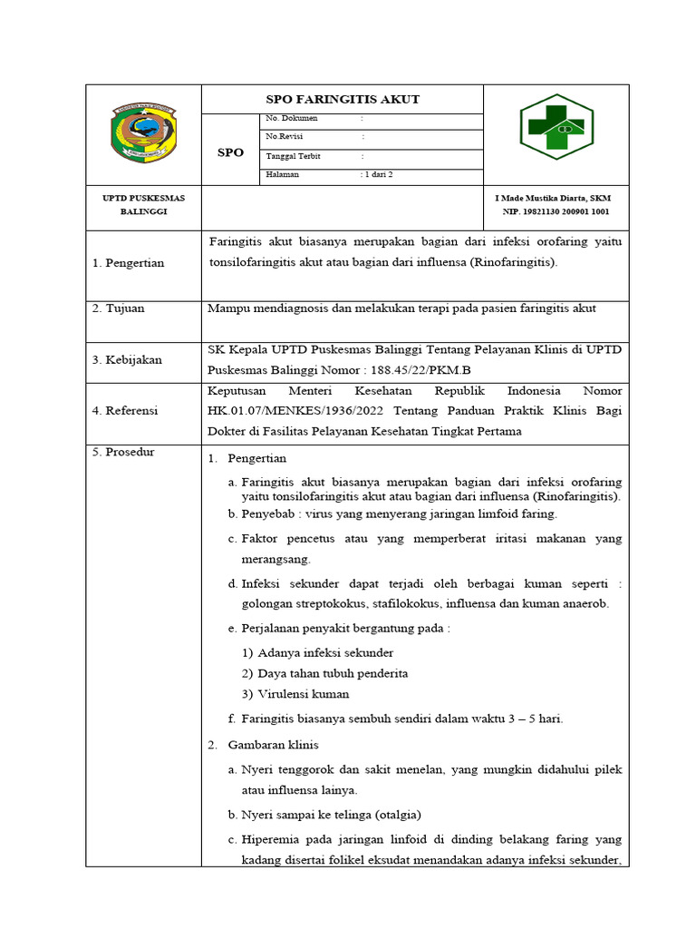 SOP Faringitis Akut | PDF